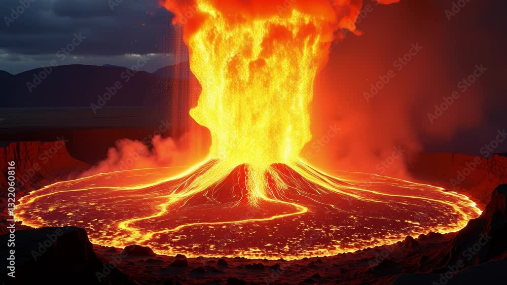 A volcanic eruption with its explosive eruption column cascading lava ...