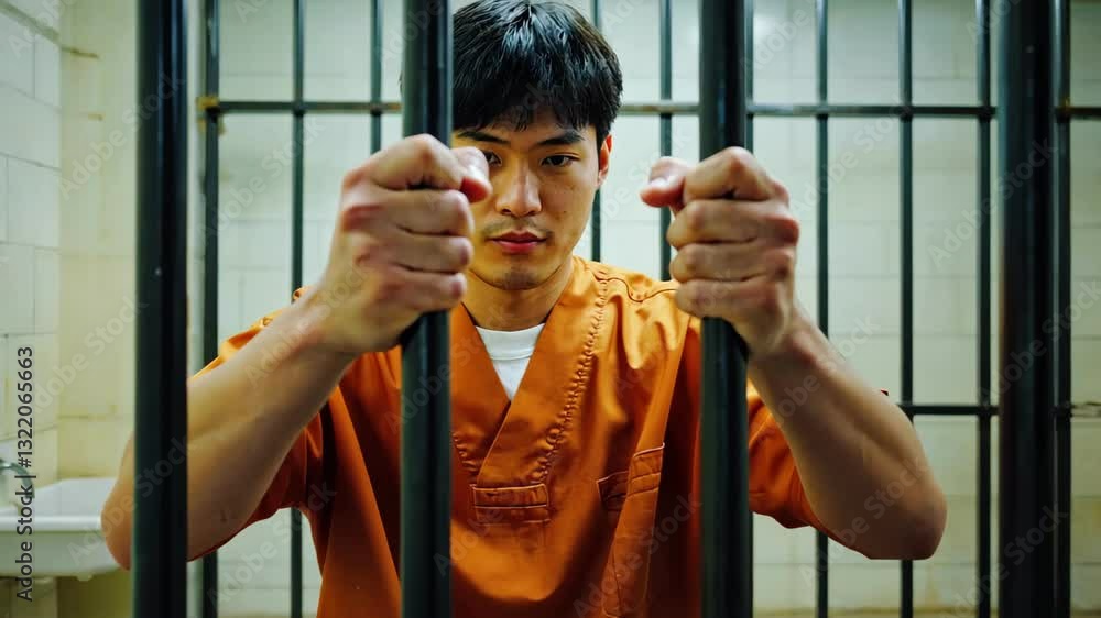 Asian male prisoner in orange jumpsuit grips black metal bars of his ...