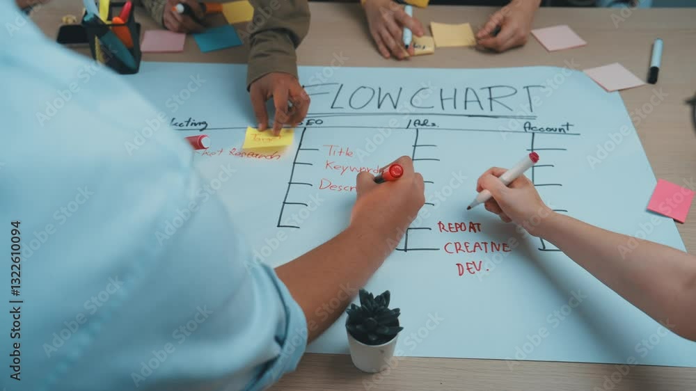 Diverse hands engage in a collaborative brainstorming session, creating ...