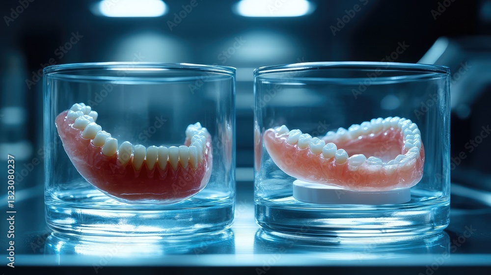 Poster A clean denture soaking in a transparent glass next to another ...