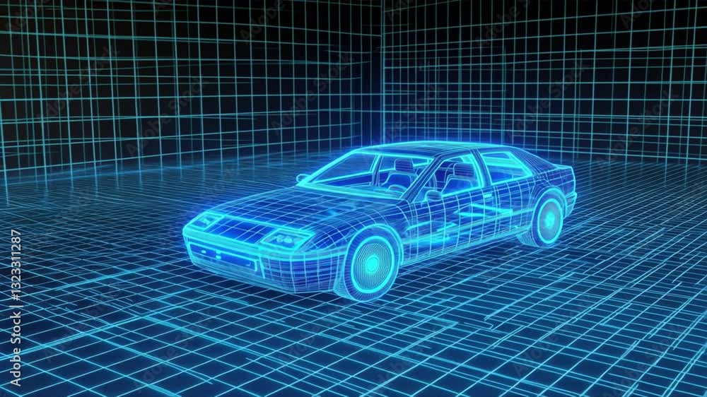 A blue holographic electric car displayed on a grid background ...
