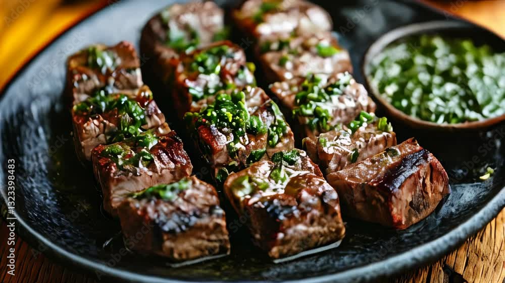 video of hot plate of asado served with chimichurri on the side in ...