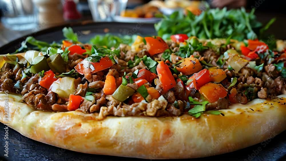 video of serving of traditional Turkish pide with minced lamb and ...