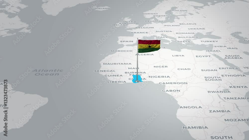 Ghana map animation. The Ghana flag flies majestically over a detailed ...