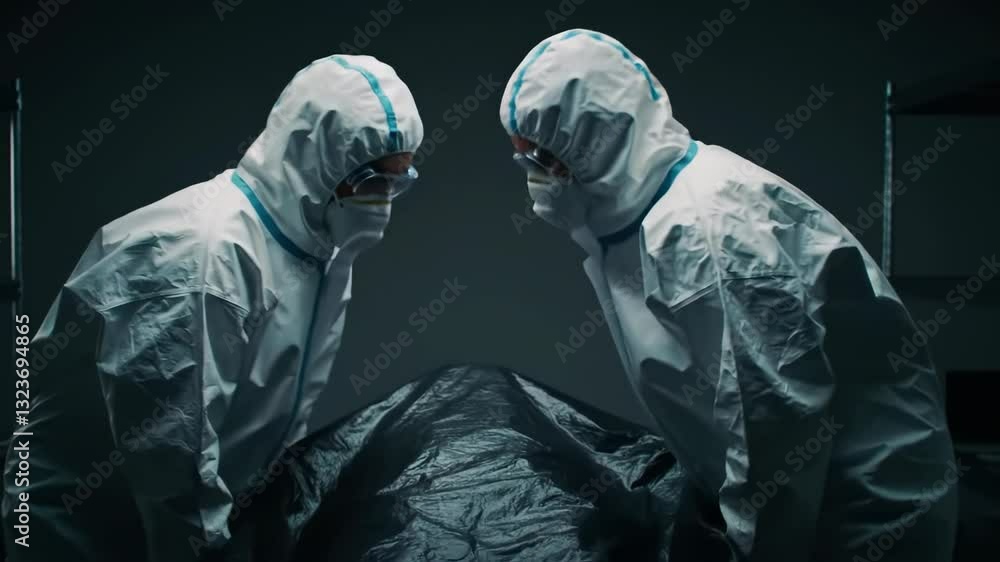 Medical workers in hazmat suits examining body bag, morgue scene during ...