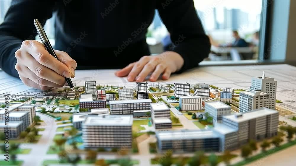 An architect carefully sketches an imaginary city plan on a large ...