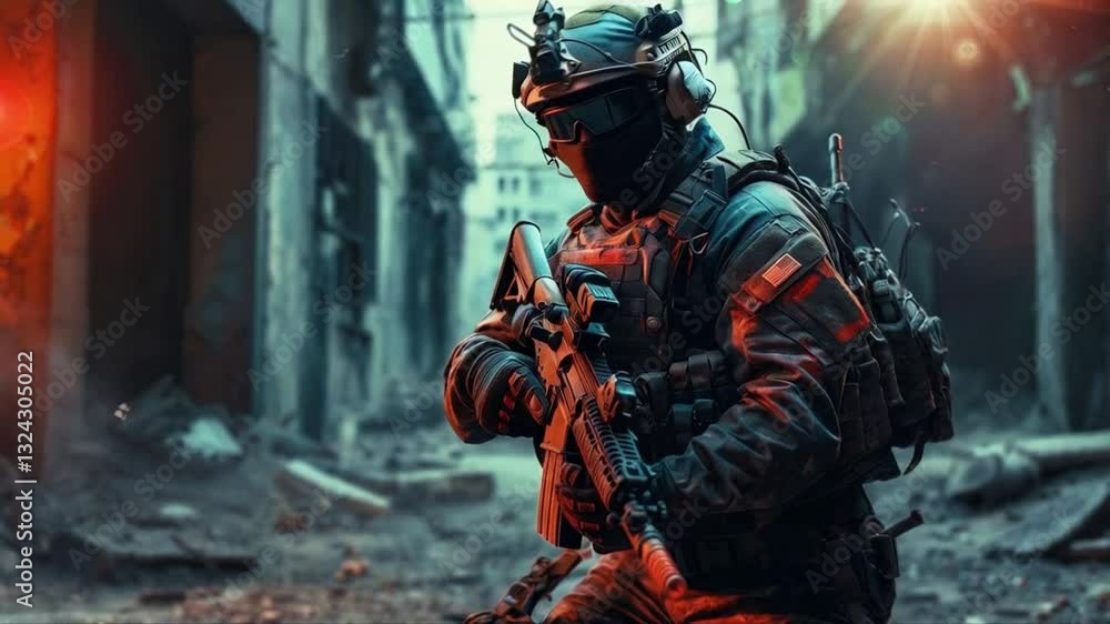 Special Forces Soldier on a Tactical Mission in a War-Torn City, smooth ...