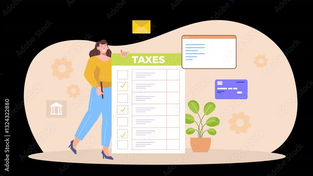 This 2D vector animation scene illustrates the tax concept, featuring ...