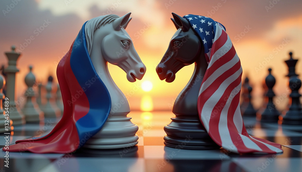 Russia vs. USA: A Geopolitical Chess Showdown at Sunset Stock Photo ...