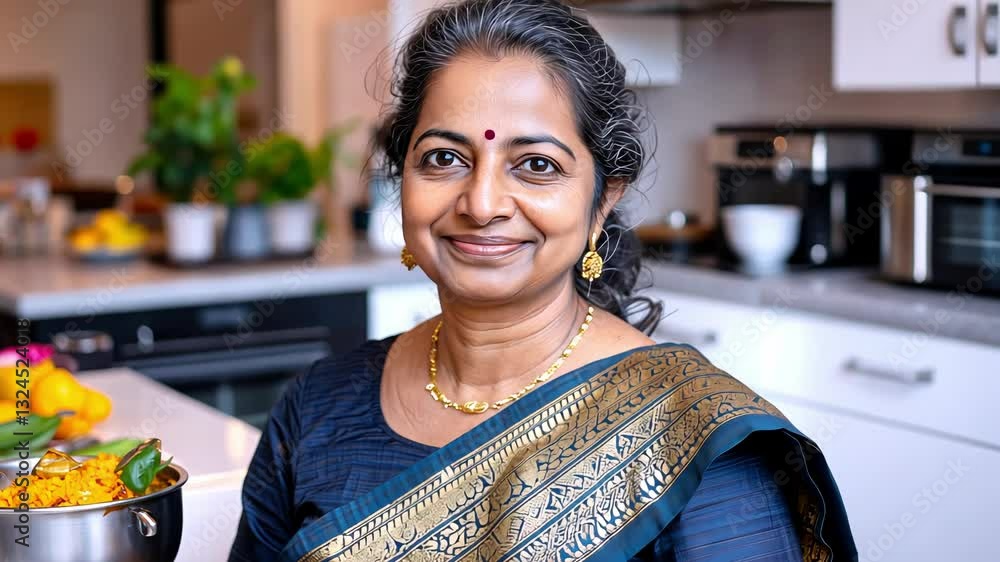 Indian woman in traditional attire cooking in modern kitchen สต็อก ...
