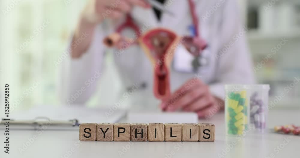 Word Syphilis from cubes against doctor showing uterus model in clinic ...