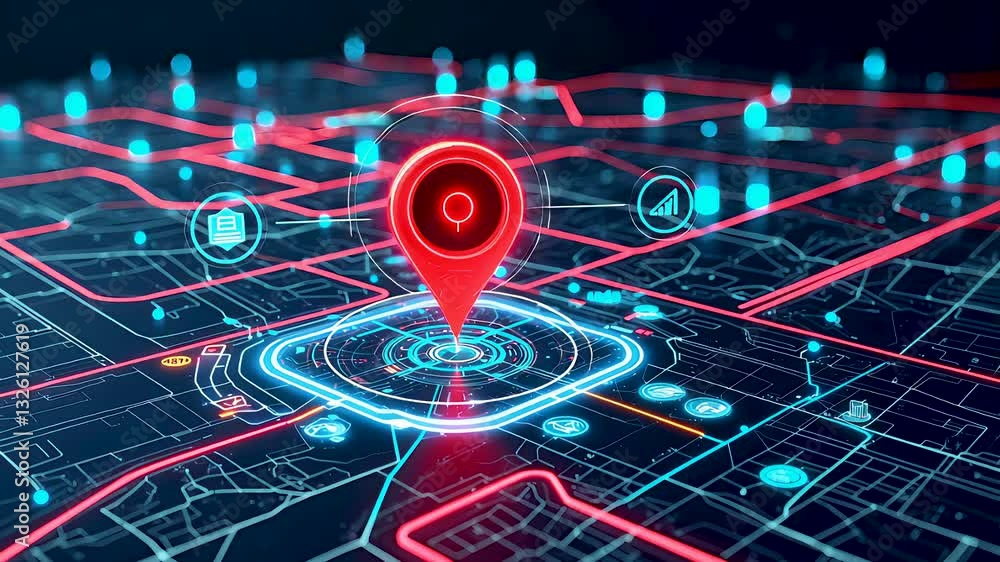 Futuristic digital navigation map with glowing location pin and smart ...