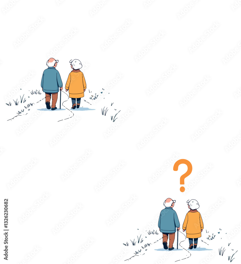 Poster Vsai elderly couple walking away, leaving question mark ...