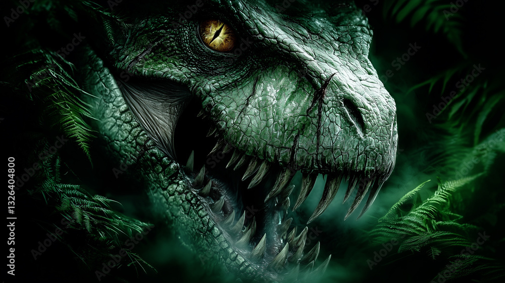Poster A fierce dinosaur bares its razor sharp teeth, its golden eye ...