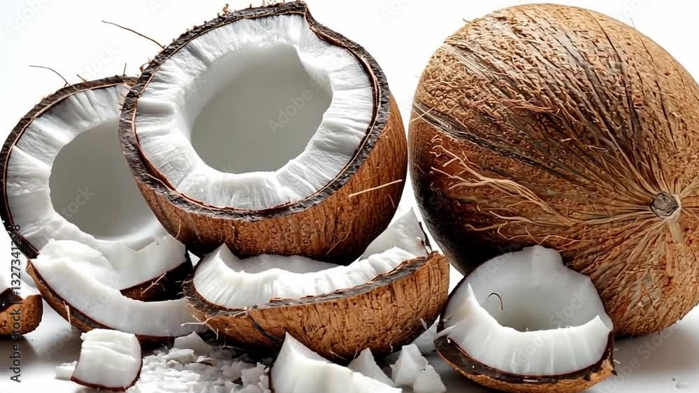 Coconuts are shown in various stages of being sliced open, revealing ...