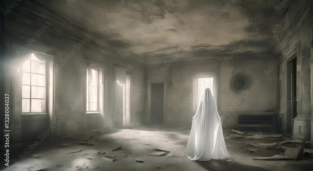 An eerie white figure floating in a hall of abandoned mansion horror ...