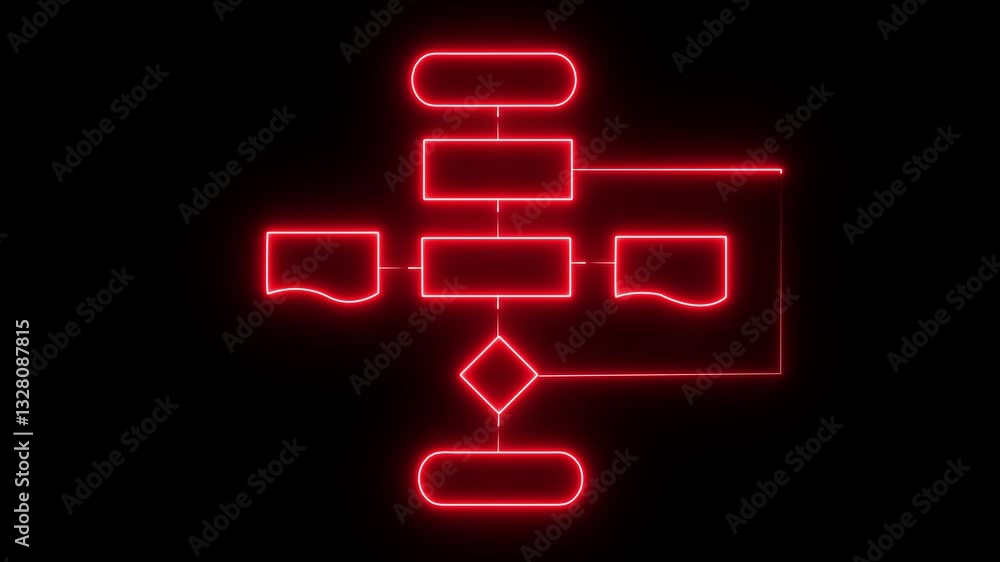 Neon glowing red color Block diagram, analysis scheme, logic, algorithm, flowchart self drawing ...