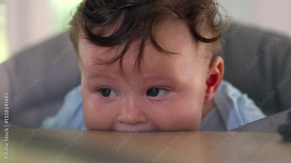 Baby lying on dining table, biting surface, big-eyed expression, early ...