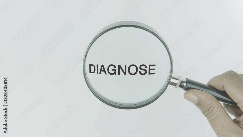 Diagnose text highlighted by a magnifying glass in a hand on a white ...