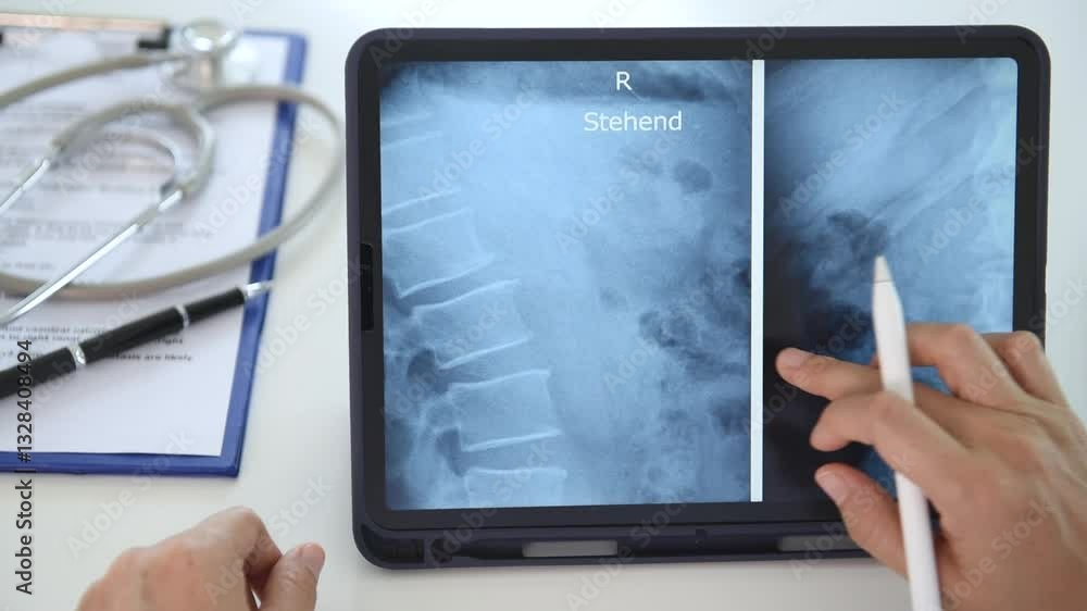 doctor diagnose spine lumber vertebrae x-ray image on digital tablet ...