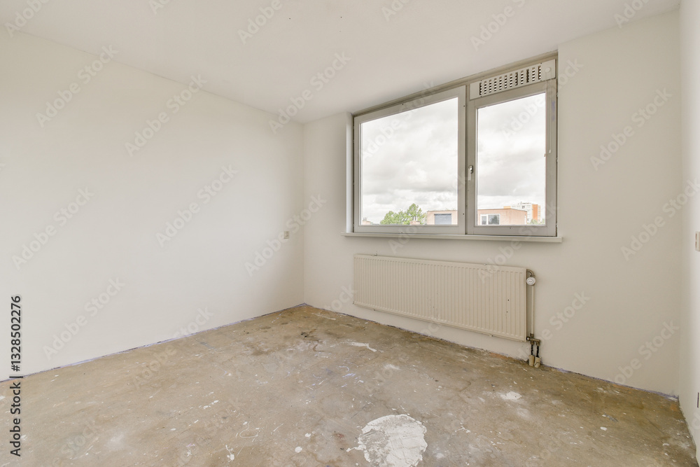 Poster A spacious, uncluttered room featuring white walls and a large ...