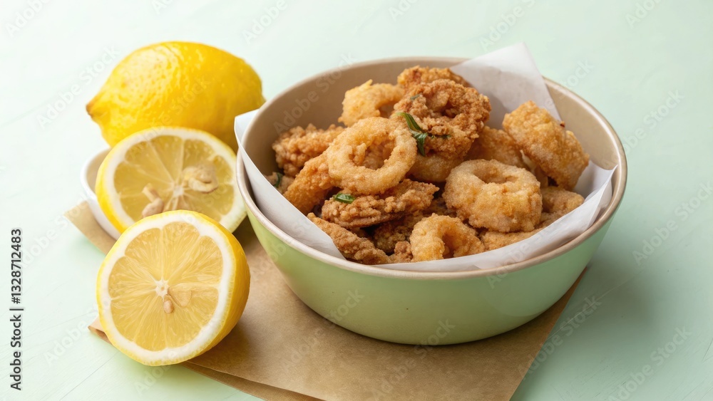 Poster Crispy fried calamari served with fresh lemon wedges – Wall Art ...