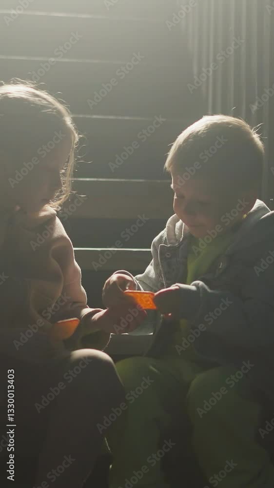 Children siblings share cookies on cottage stairs at night. Little boy ...