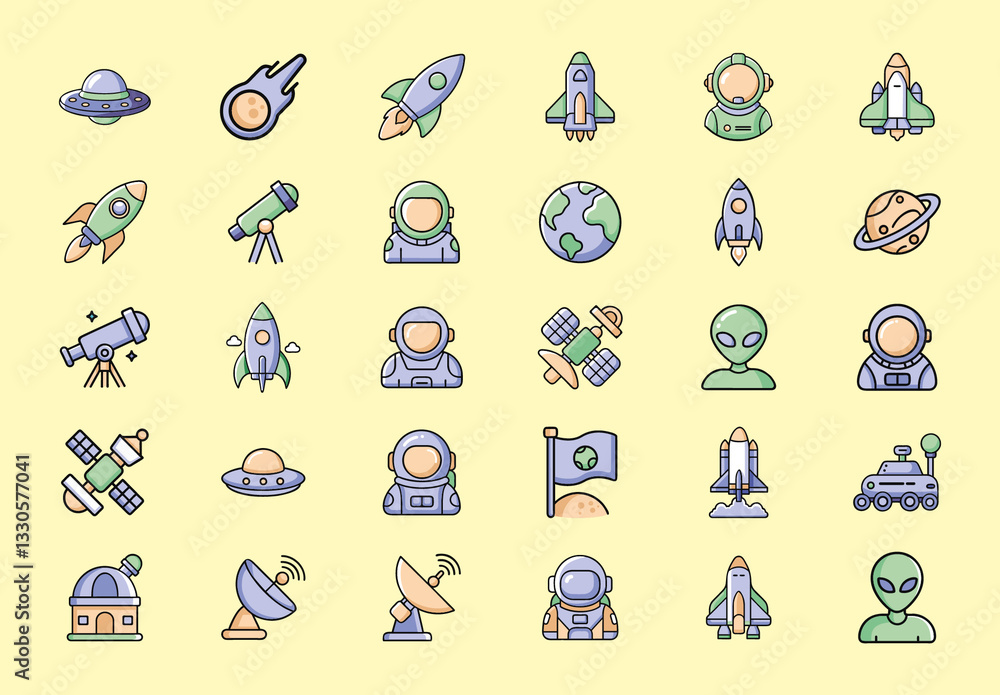 Purple and Green Space Science Exploration Icons Set Stock Template ...