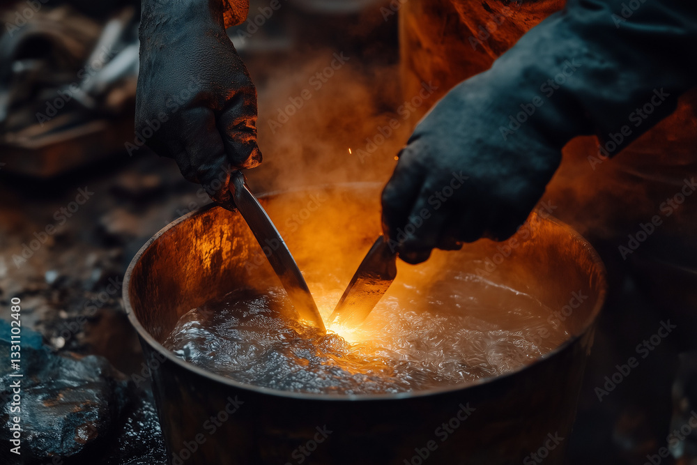Poster Blacksmith cooling a steel workpiece in a water tank in a forge ...