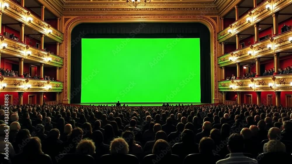 Large Green Screen on Theater Stage with Audience Watching a ...