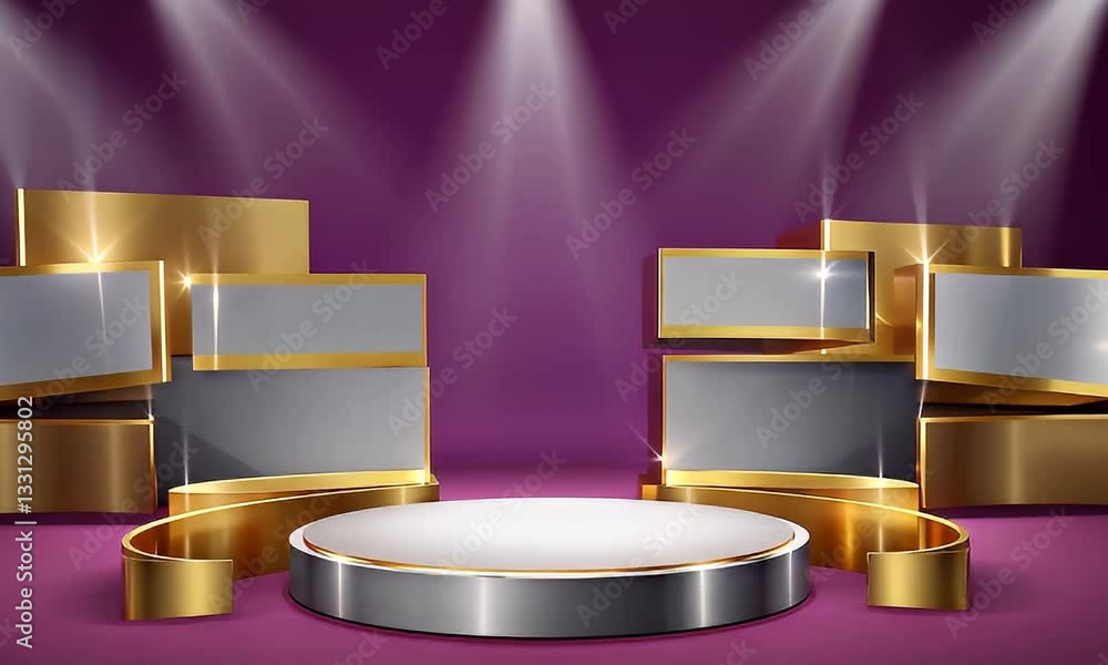 A stylish stage design features a metallic platform and golden art deco ...