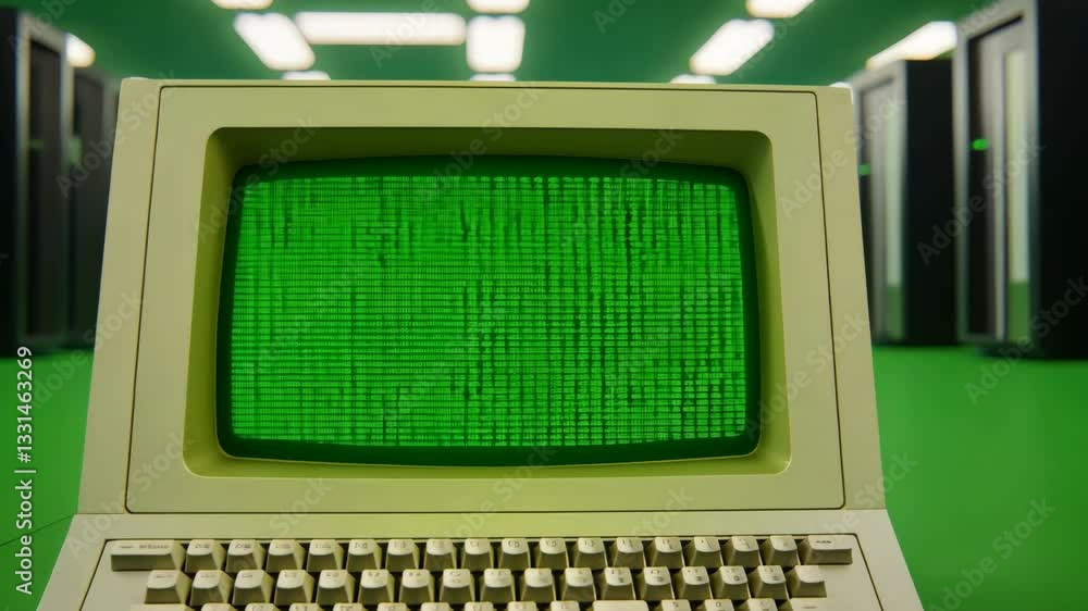 Vintage Computer with Green Screen in Server Room Retro Technology and ...