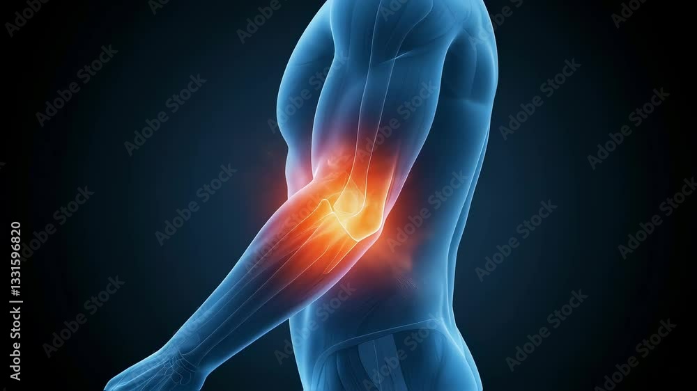 Medical illustration of a man facing left, showing elbow pain and ...