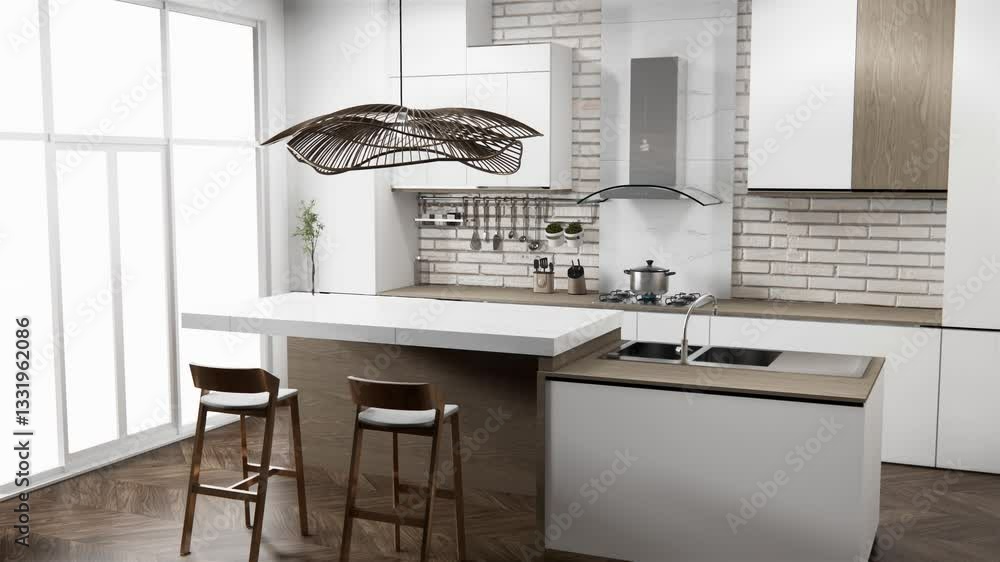 white brick wall modern loft style on kitchen counter scene mockup and ...