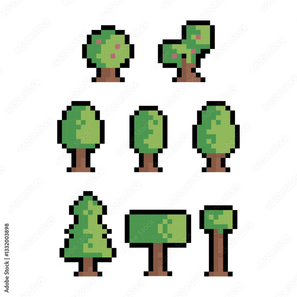 Poster Pixel art trees in various shapes and styles, Pixel art trees in 8-bit style, pixelated ...