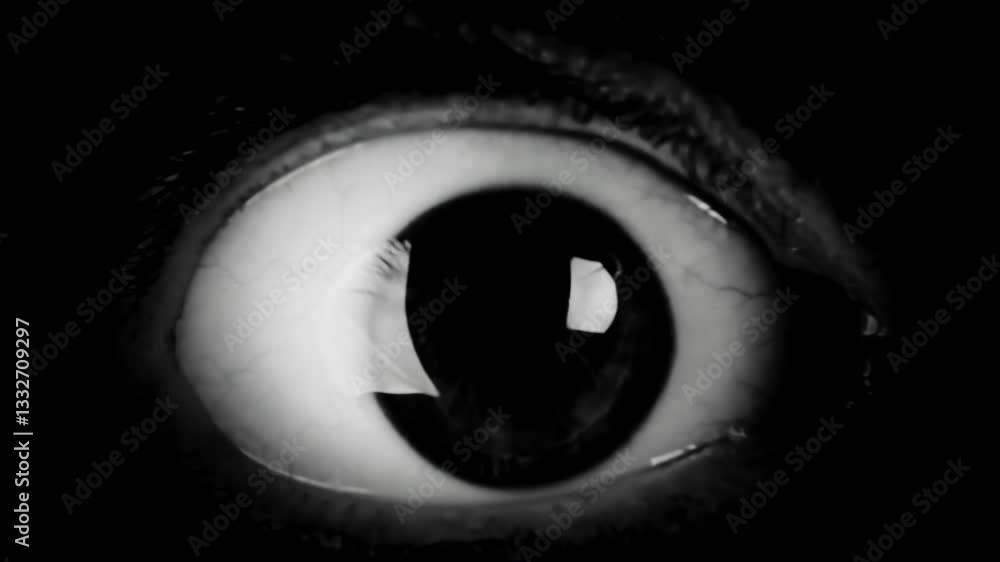 Extreme close-up, forward motion, of human eye in haunting black and ...