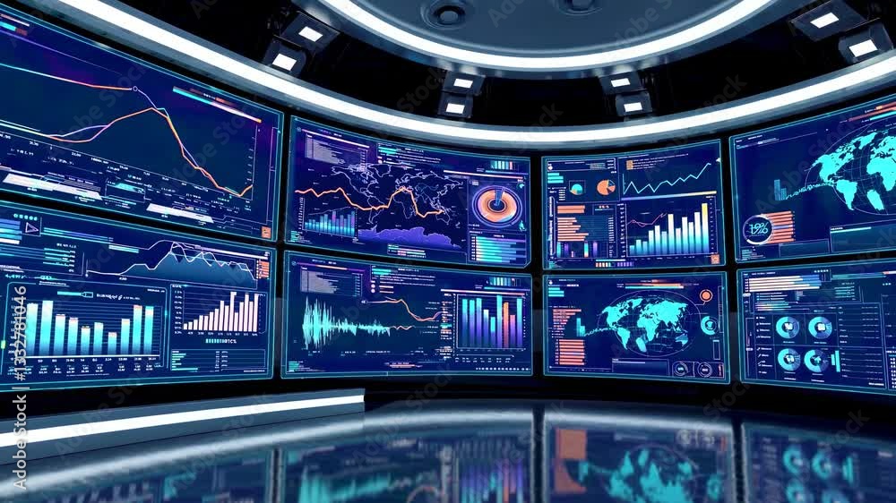 Vidéo Stock Global data visualization control room featuring multiple ...