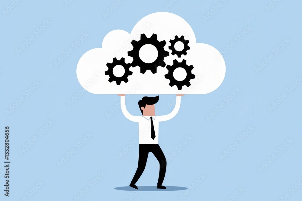 Poster A businessman lifting a cloud with gears, signifying cloud ...