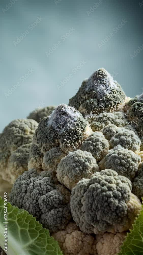 Close-up of a moldy cauliflower with fungal growth and decayed textures ...
