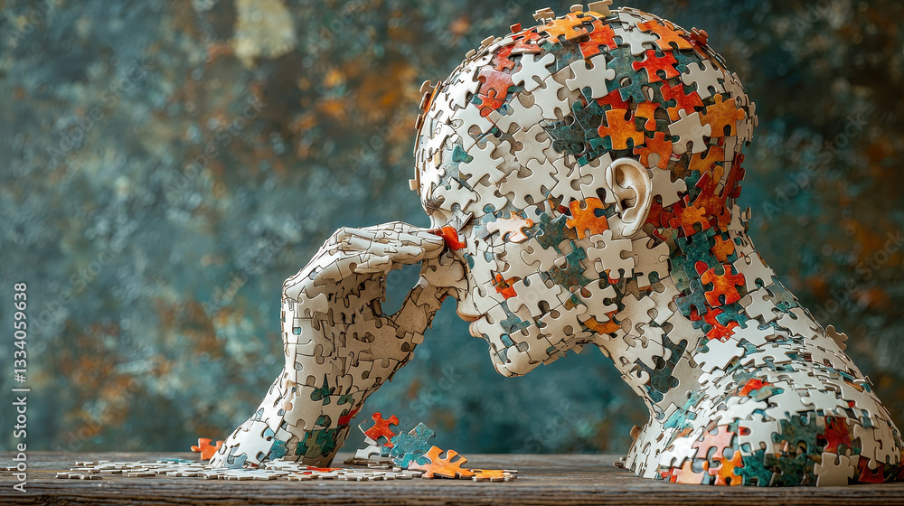 Poster Human figure composed of puzzle pieces seeks the elusive final ...