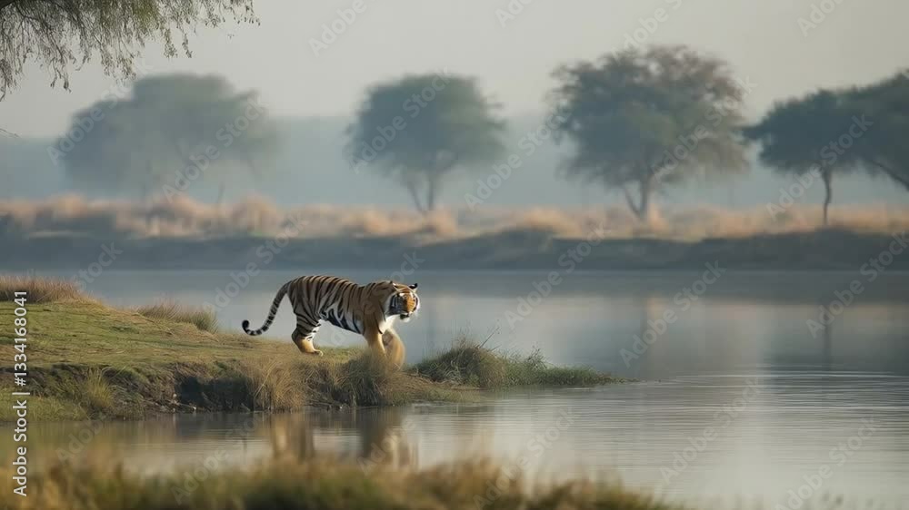 The tiger prowled along the edge of the lake, its striking orange and ...