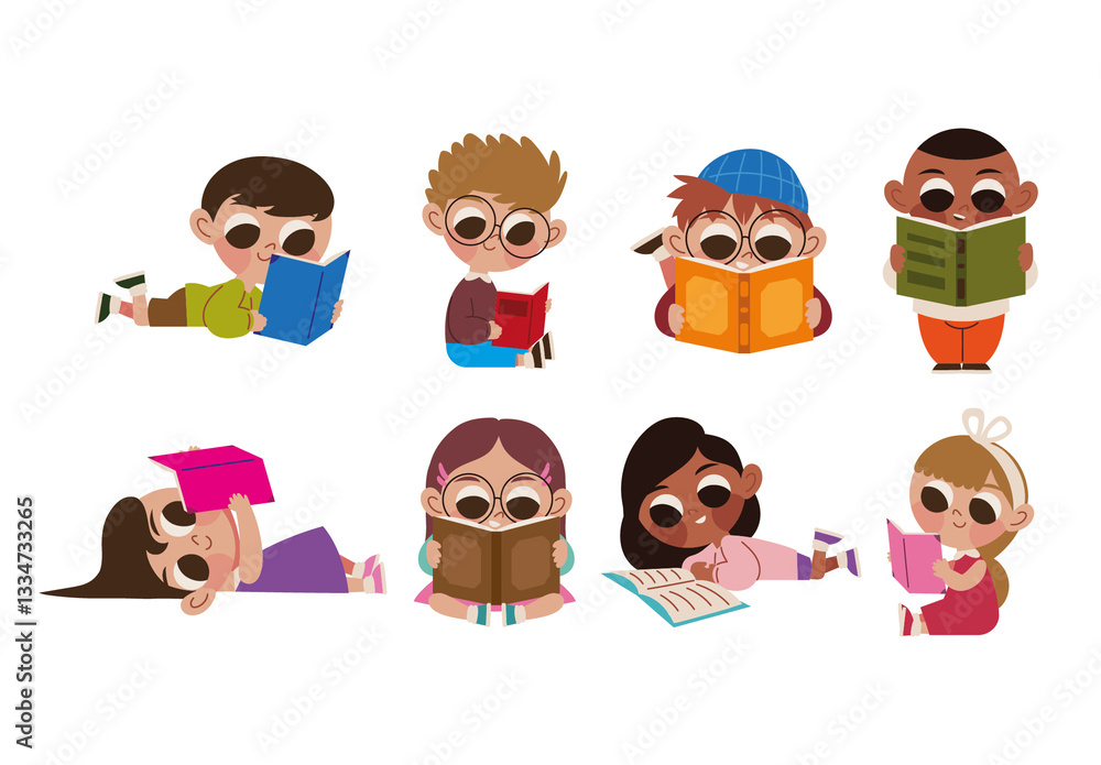 Colorful Cute Kids Reading Illustration Design Set Stock Template ...