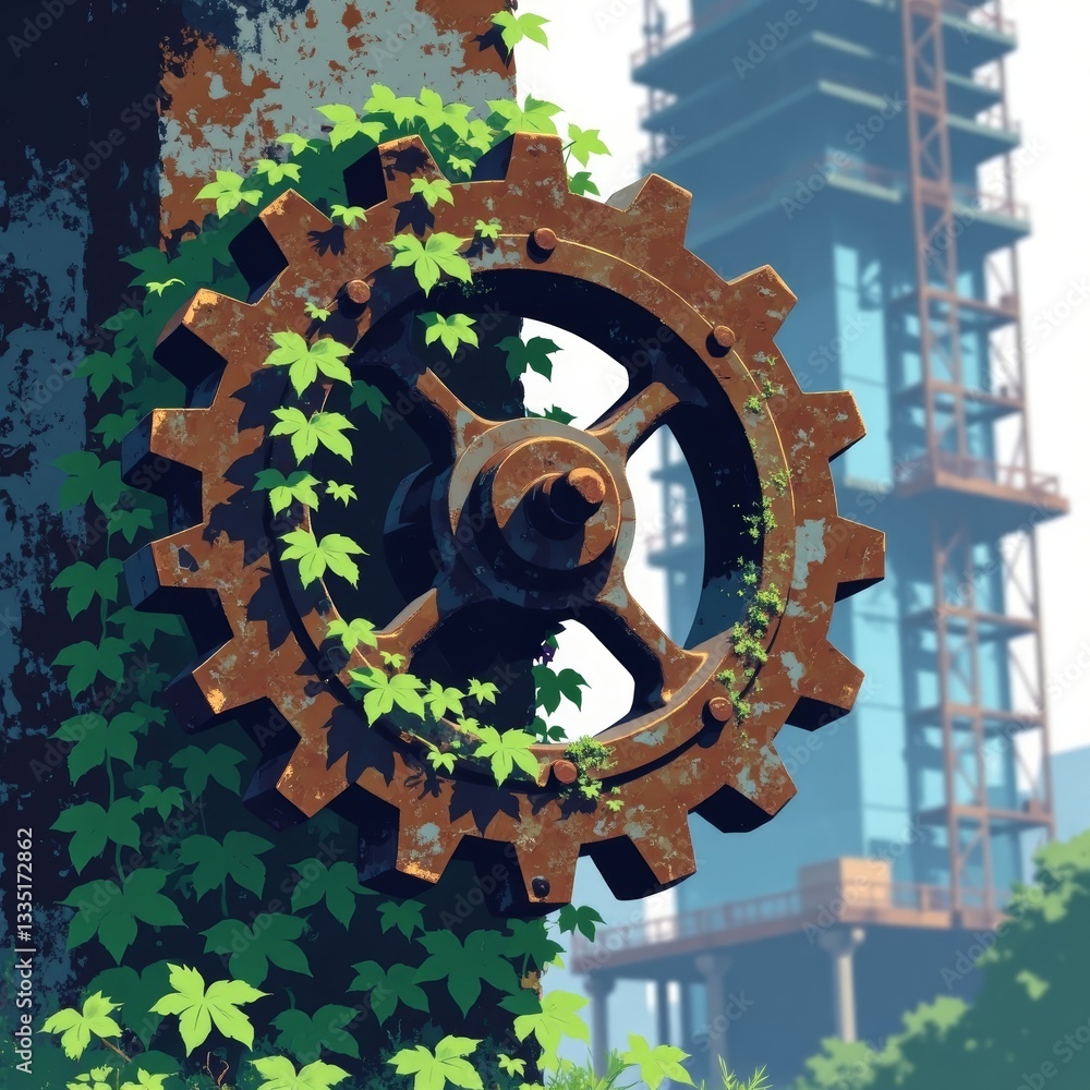 Poster Rusty Gear Overgrown with Ivy, Modern Building Construction ...