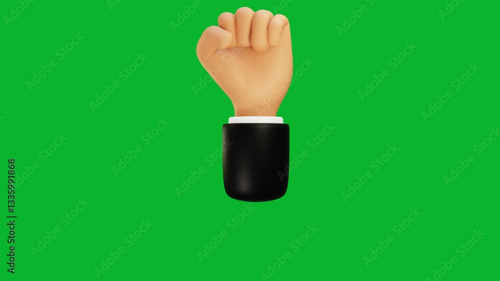 A hand with punch or fist gesture up. 3D animation with green screen ...