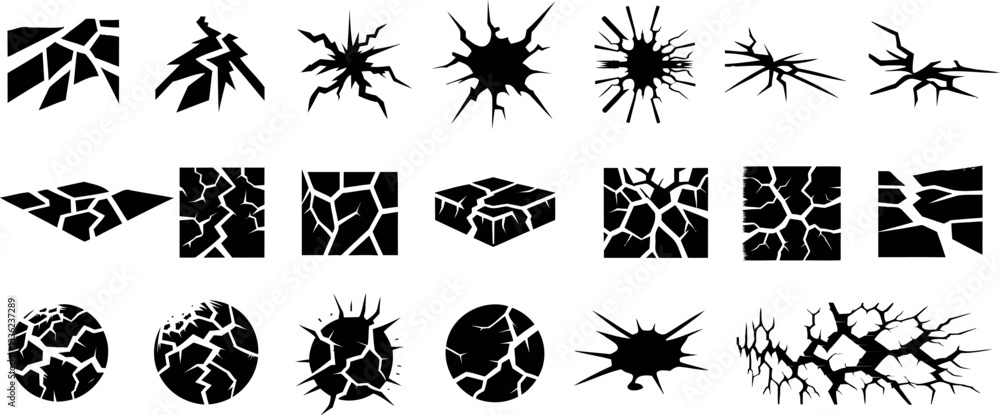 Poster Crack and fissure silhouette set, shattered, broken, fracture ...