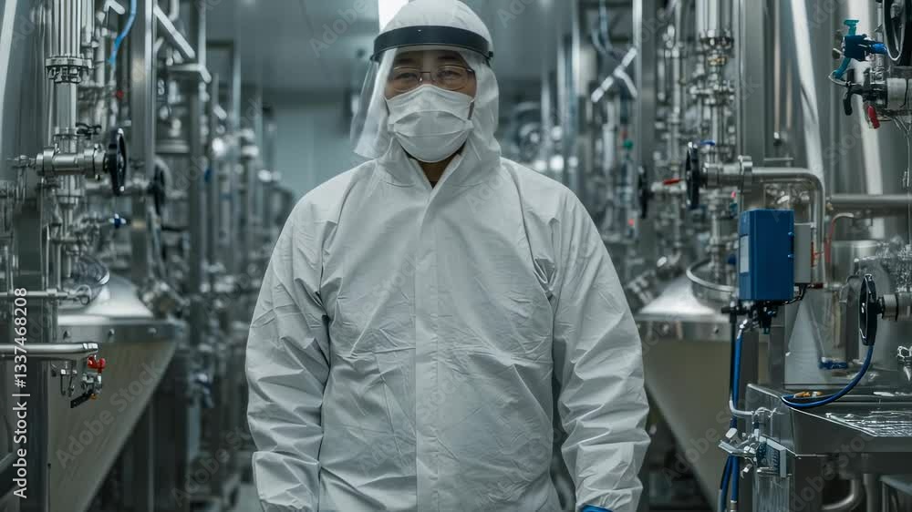 Asian man in protective cleanroom suit with face shield and mask ...