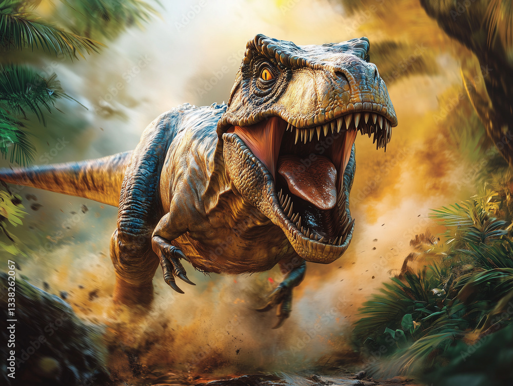 This image depicts a T-Rex-like dinosaur, roaring with its mouth wide ...