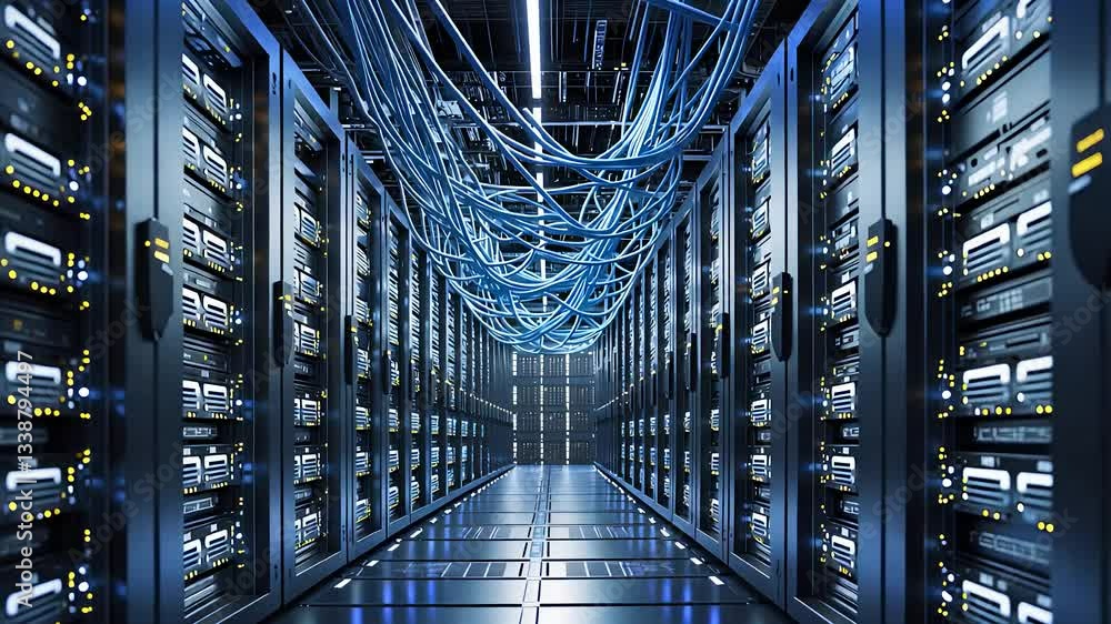 High-Tech Data Center with Rows of Server Racks and Complex Network ...