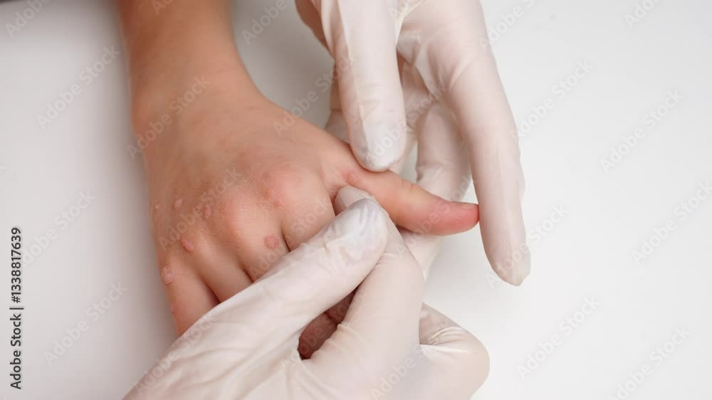 Dermatologist looking at child's hand with multiple viral flat warts, Verruca vulgaris ...