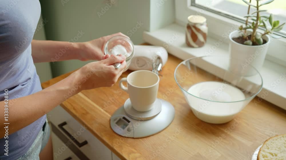 Woman pouring sugar into cup on electronic kitchen scales for precise ...